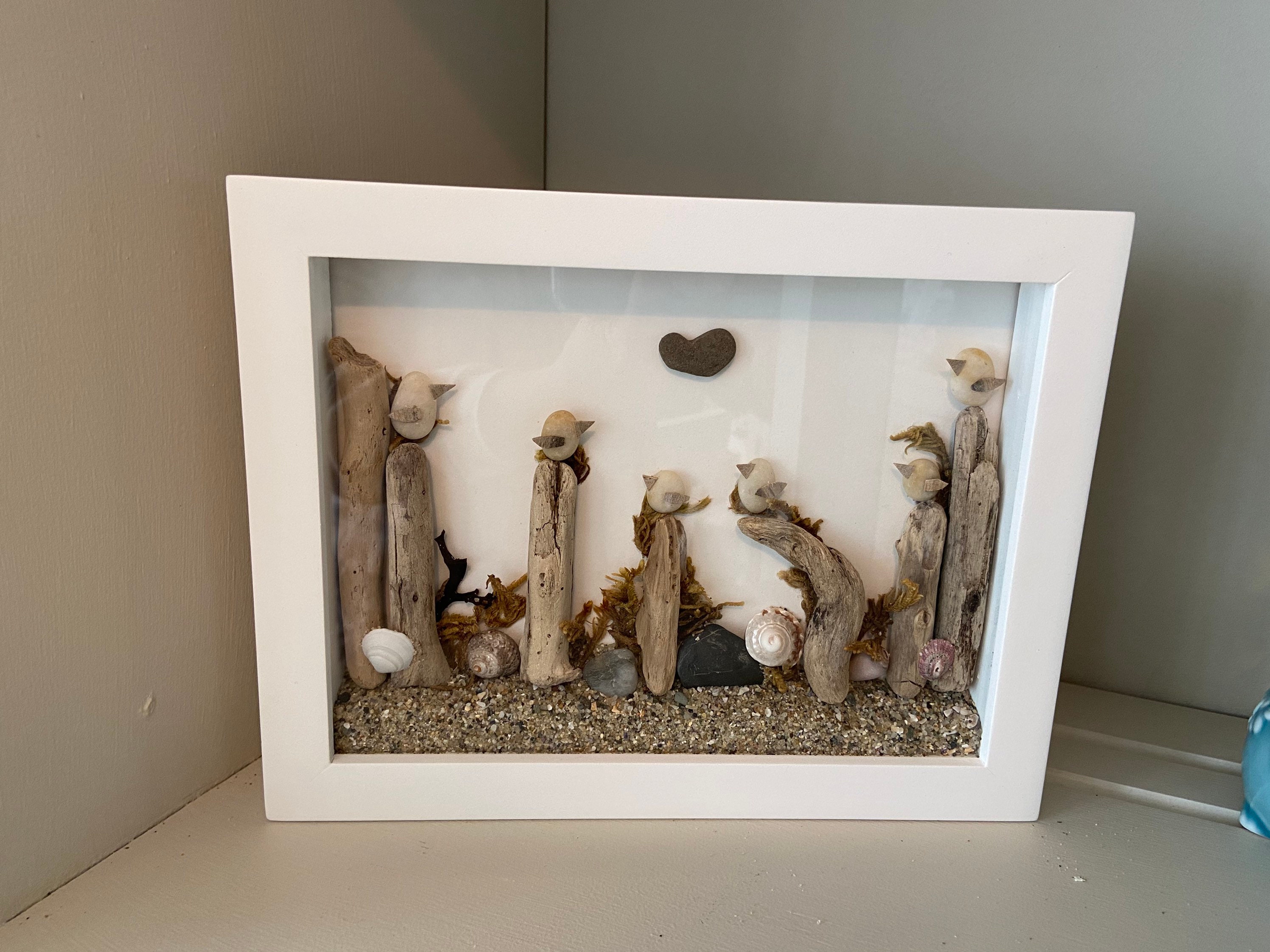Beach Pebble Art Shadow Box With Moveable Sand 6 Birds Pitched on ...