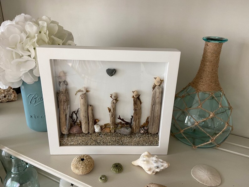 Beachy Pebble Art in a Shadow Box Moveable Sand With 5 Birds - Etsy
