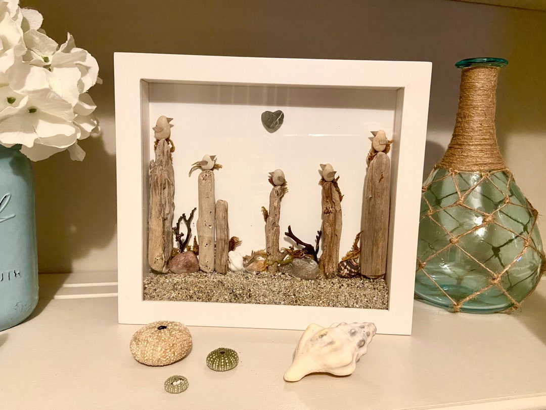 Beachy Pebble Art in a Shadow Box Moveable Sand With 5 Birds - Etsy