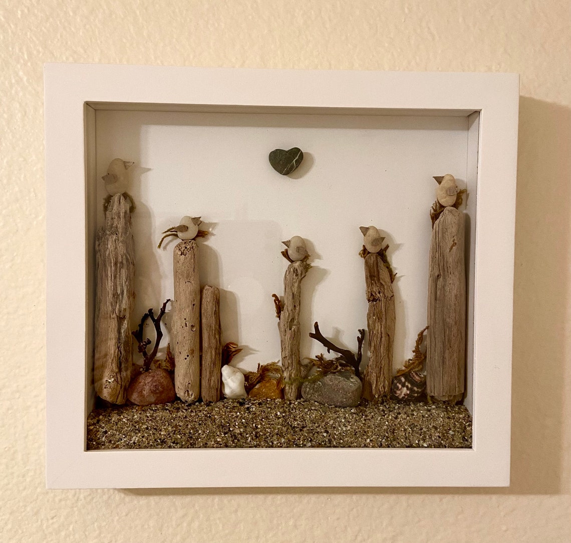 Beachy Pebble Art in a Shadow Box Moveable Sand With 5 Birds - Etsy