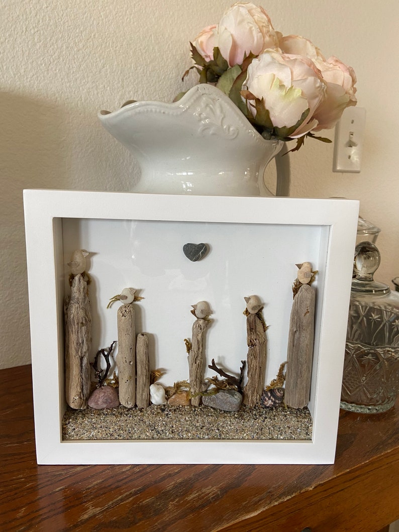 Beachy Pebble Art in a Shadow Box Moveable Sand With 5 Birds - Etsy