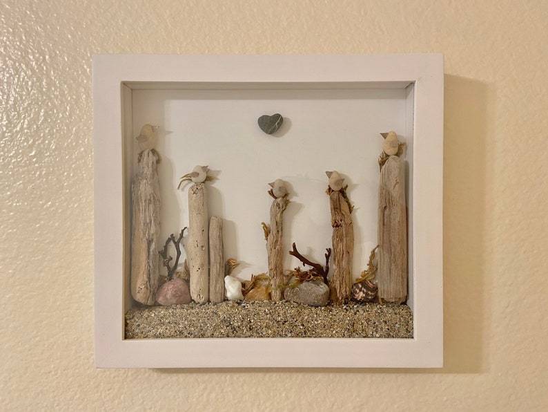 Beachy Pebble Art in a Shadow Box Moveable Sand With 5 Birds - Etsy