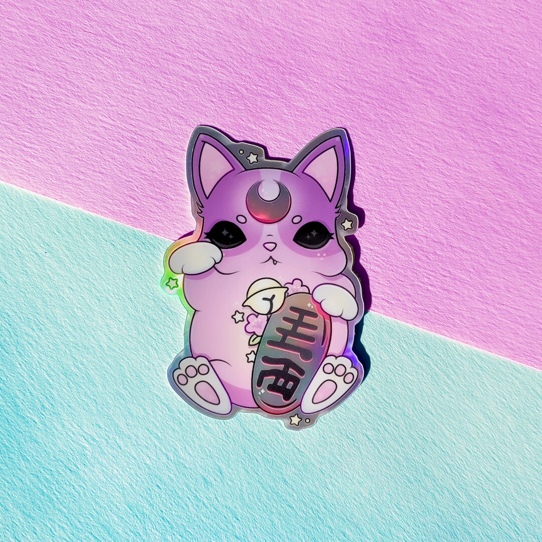 Holo Moon Maneki Neko | Lucky Cat Sticker - Etsy