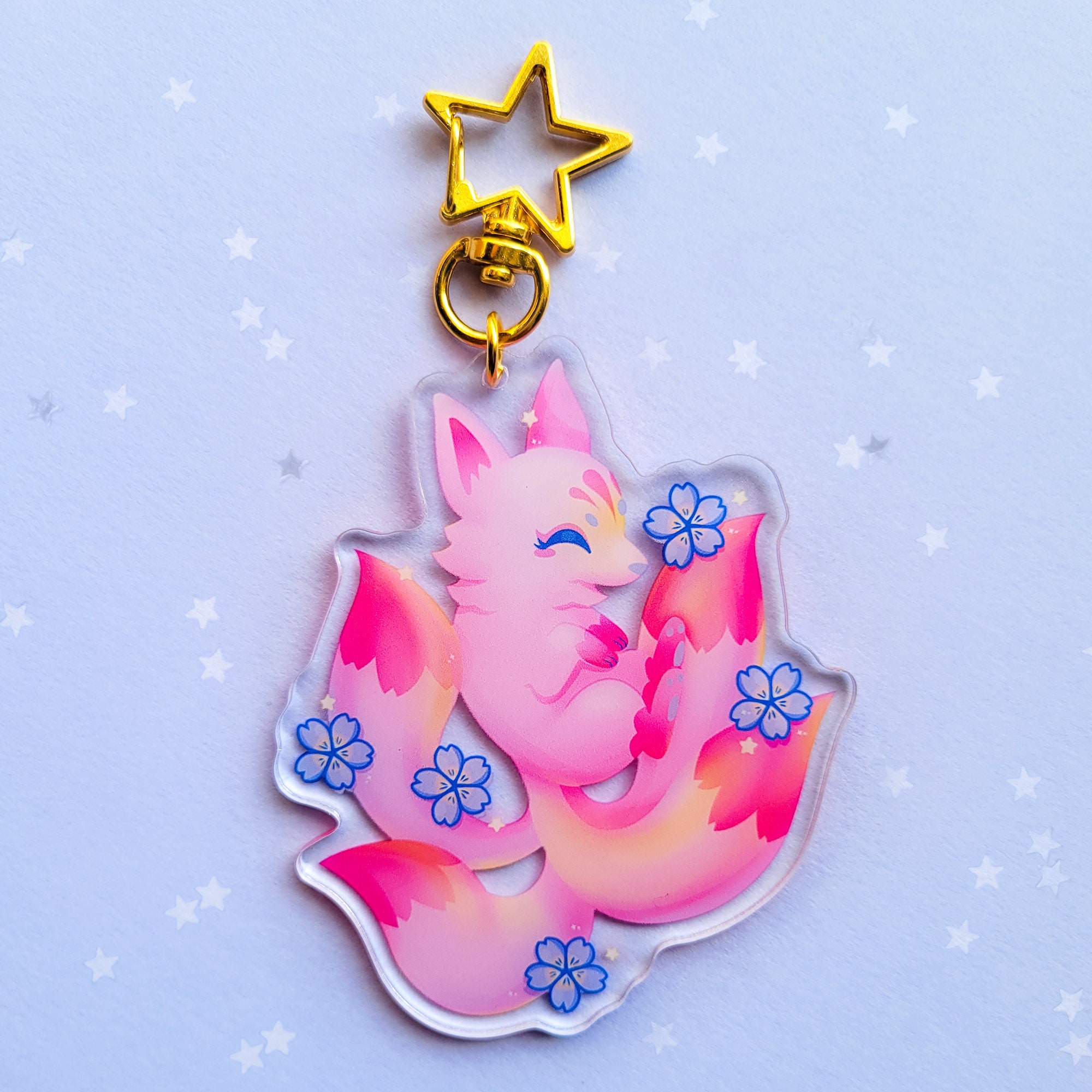 Double Sided Sakura Sunset Kitsune Keychain | Clear Acrylic Fox Charm ...