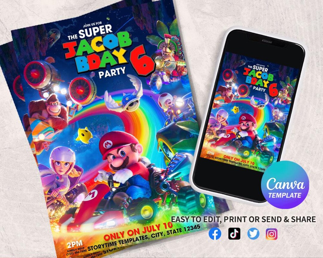 Editable Mario Bros Invitation, Super Mario Birthday Invitation ...