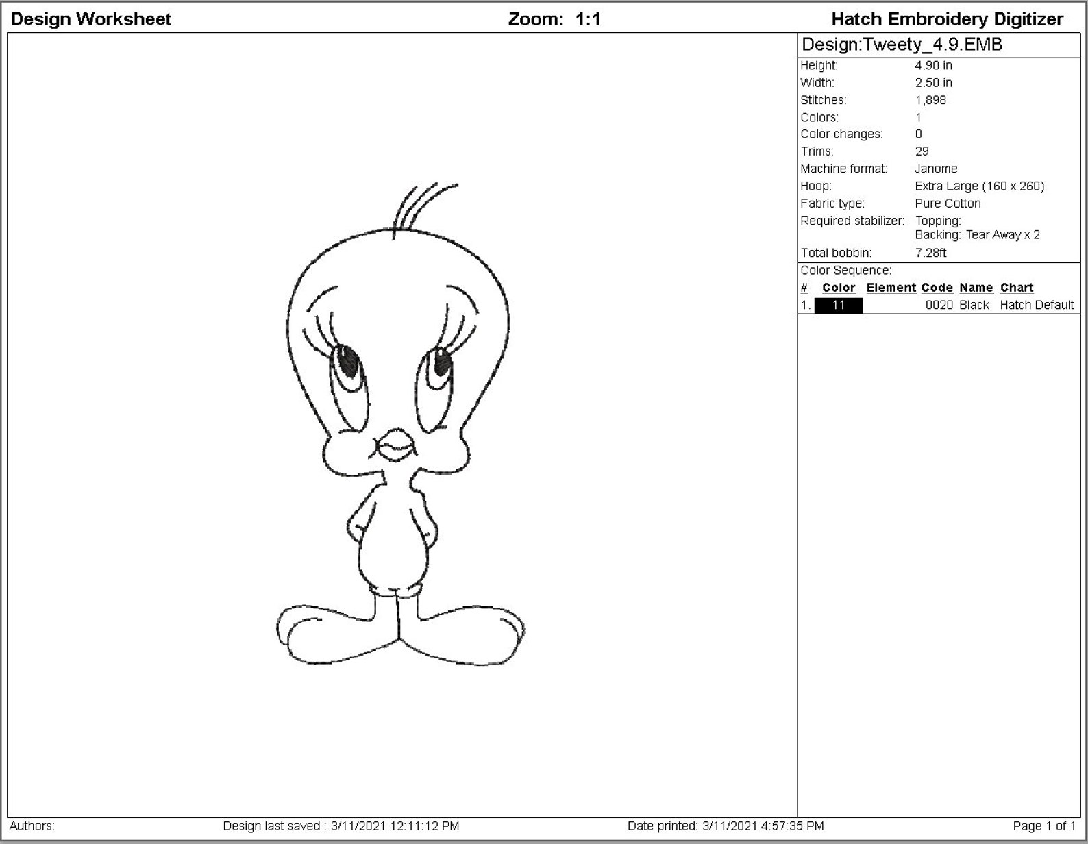 Tweety Looney Tunes Outline Machine Embroidery Design. | Etsy