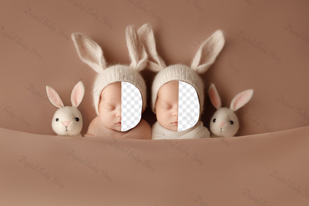 Bunnies Digital Backdrop for Newborn Twins, Face Insert, Twin Digital ...