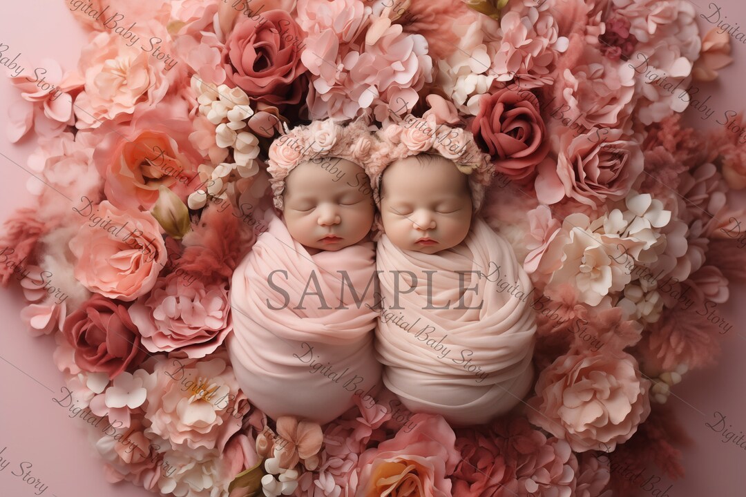 Flowers Digital Backdrop for Newborn Twins, Face Insert, Twin Sisters ...