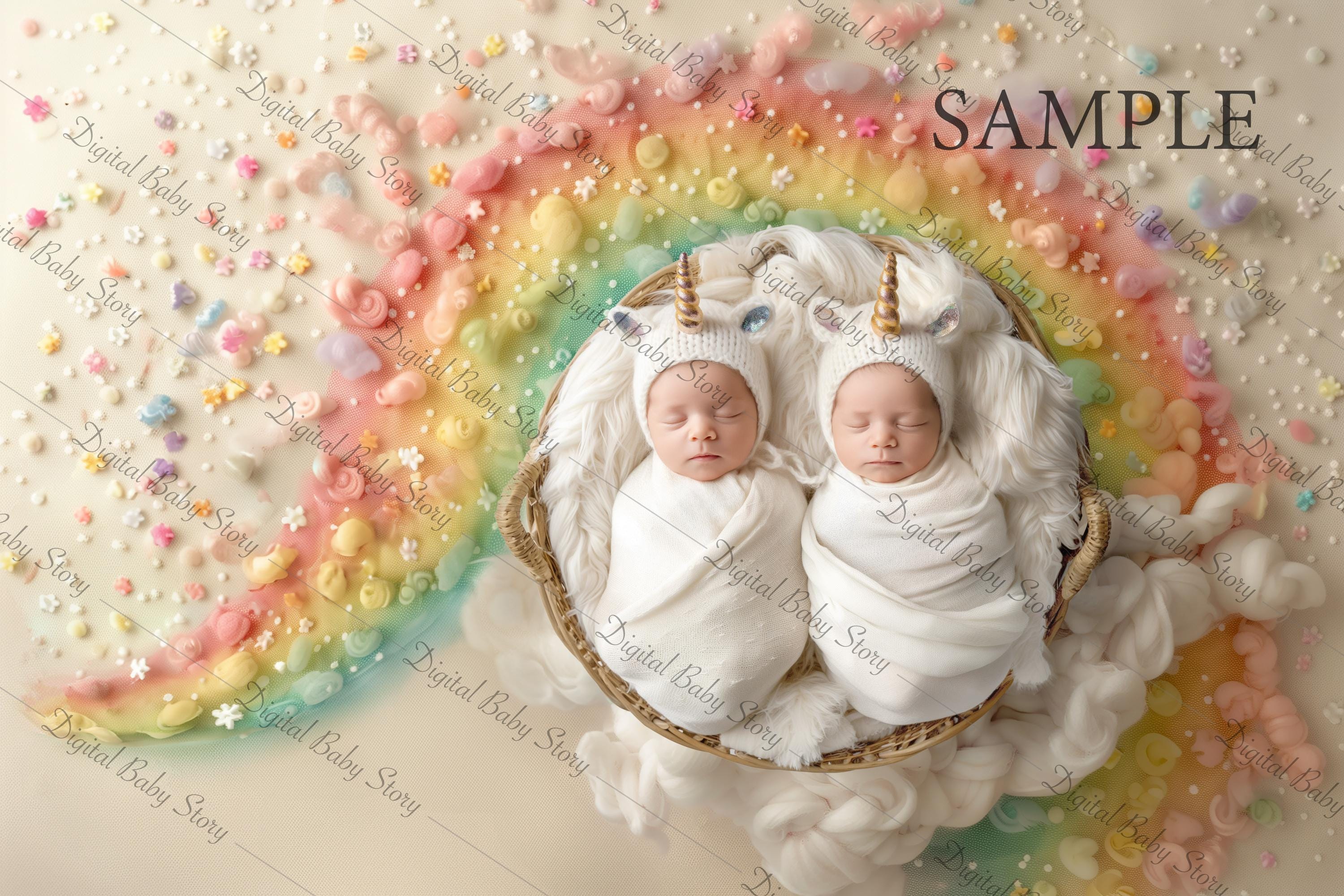 Rainbow and Unicorns Digital Backdrop for Newborn Twins, Face Insert ...