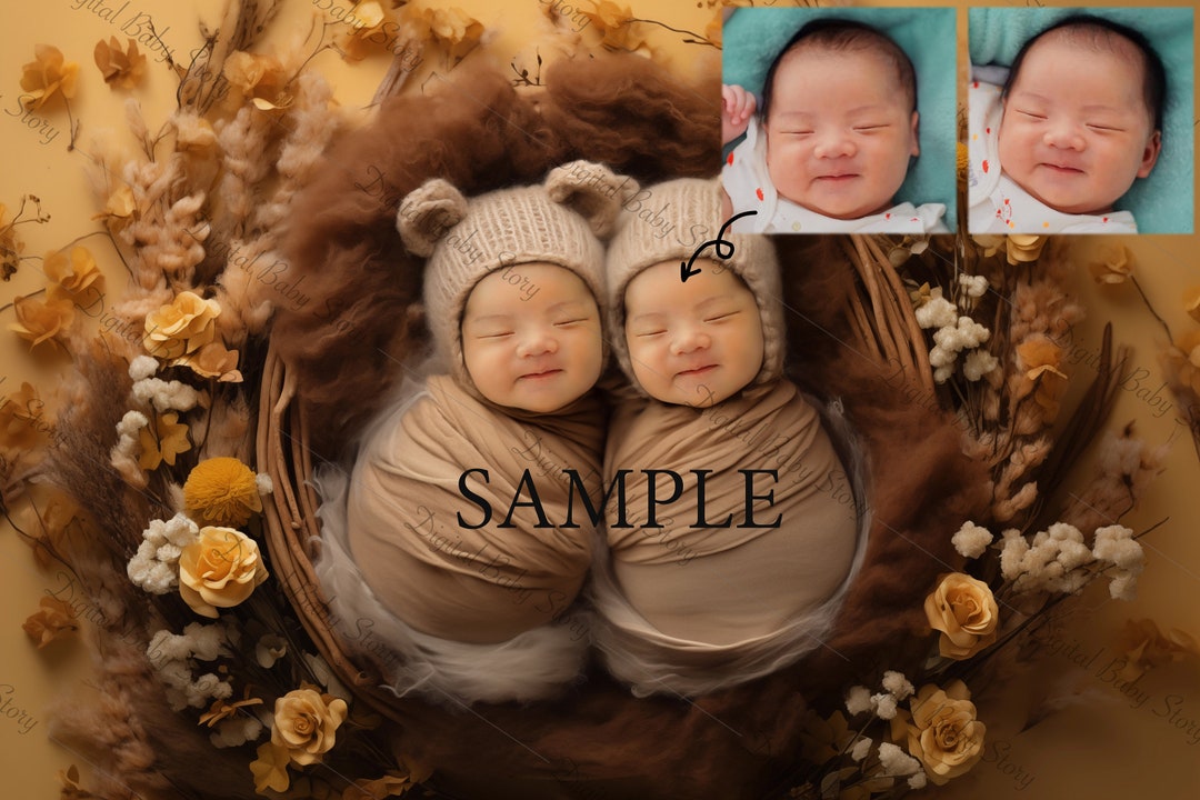 Bears Digital Backdrop for Newborn Twins, Face Insert, Twins Digital ...