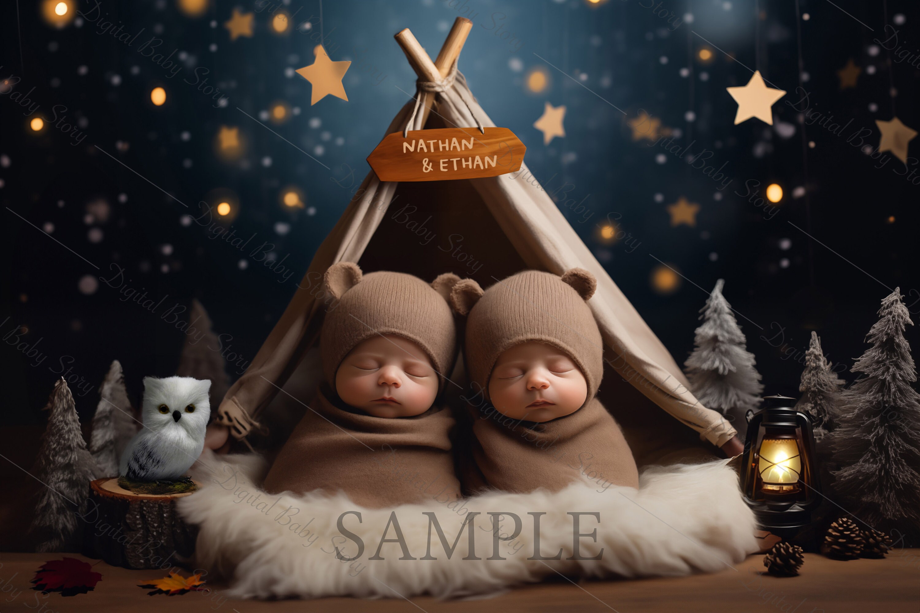 Bears Digital Backdrop for Newborn Twins, Face Insert, Twins Digital ...
