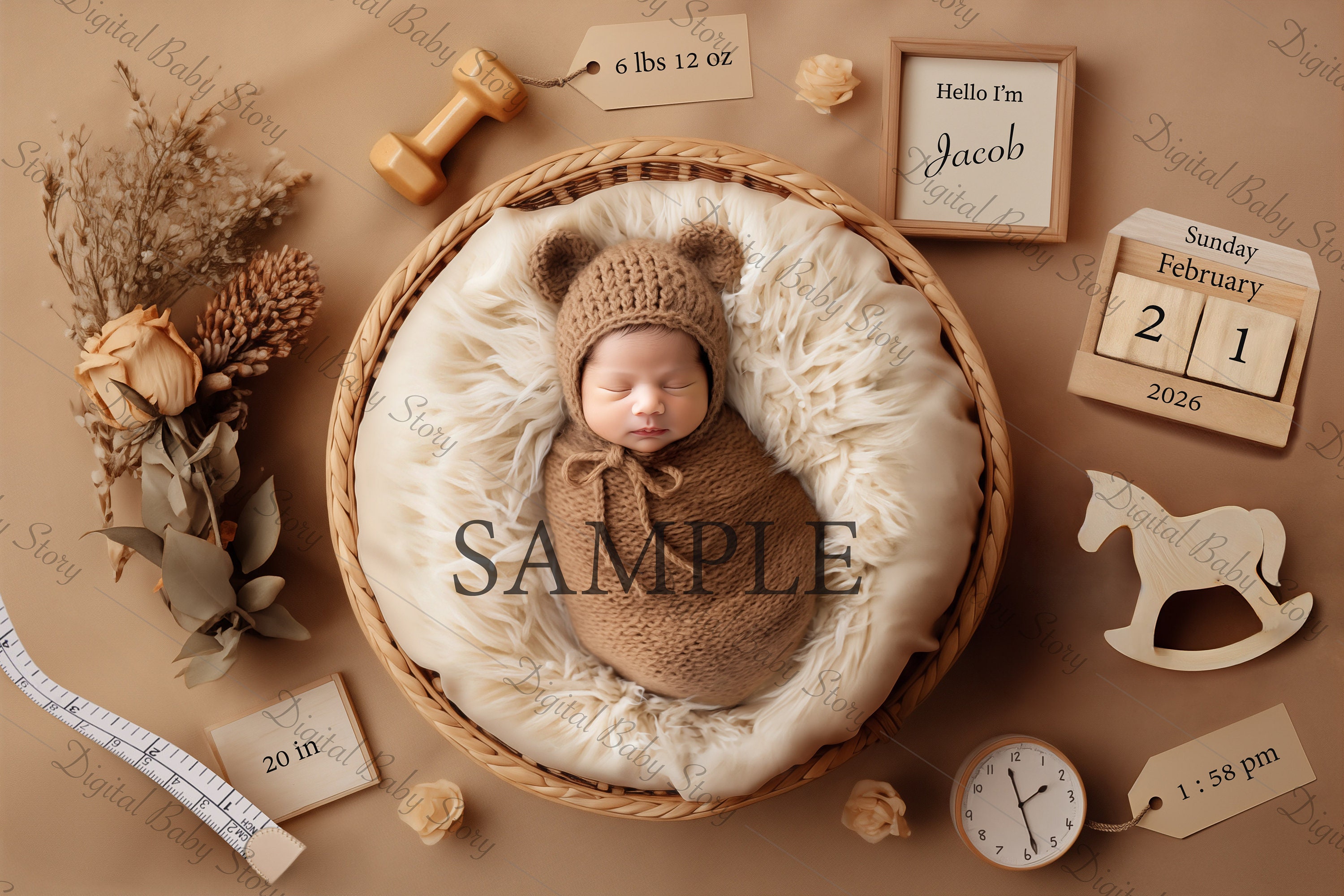 Bear Digital Backdrop Newborn Baby Birth Announcements Background for ...
