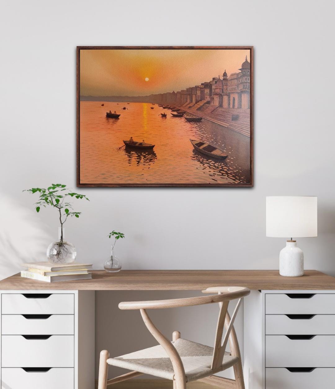 Varanasi Wall Art – Sunrise Ghat Oil Painting, Original Indian ...