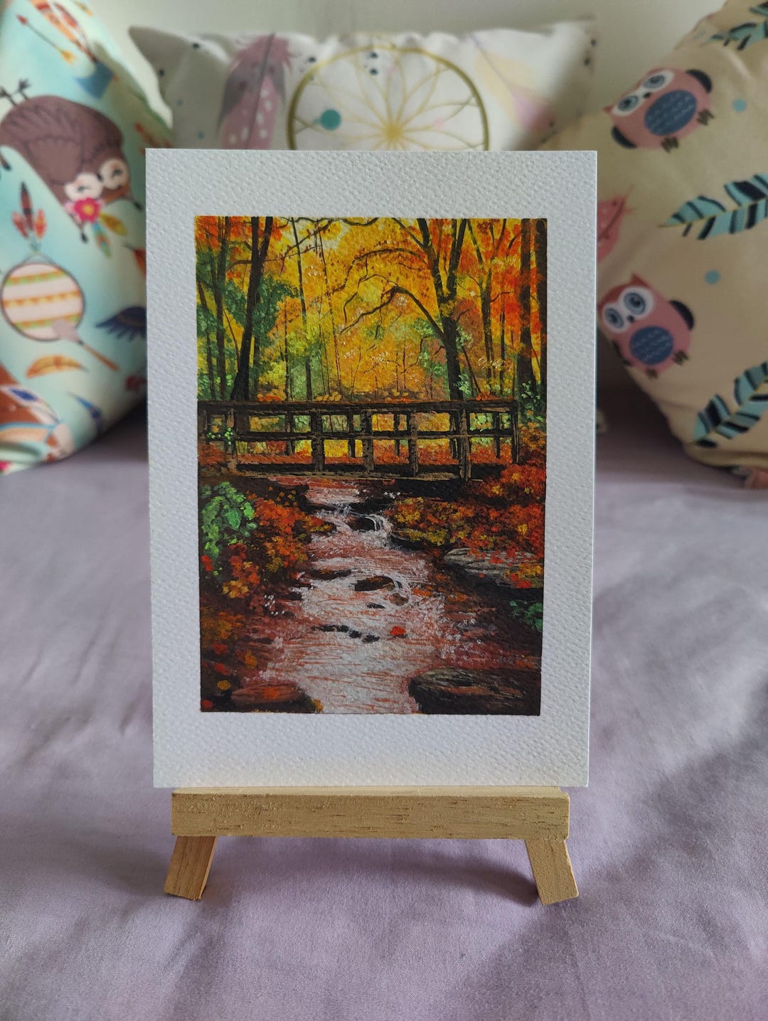 Autumn Wall Art Original Gouache Painting, Small Rustic Bridge Scene ...