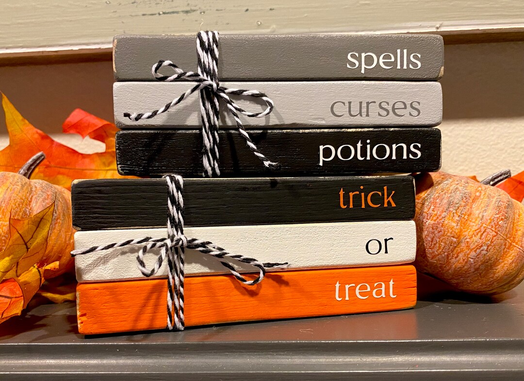 Halloween Wood Book Stack, Trick or Treat Books, Curses Potions Spells ...