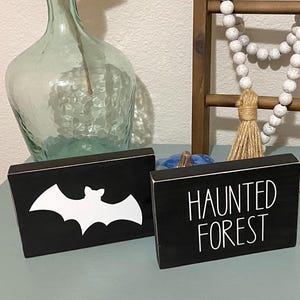 Haunted Forest Sign, Bat Wood Sign, Wood Halloween Decor, Mini ...