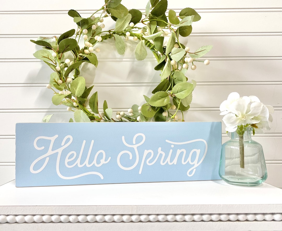 Hello Spring Sign, Wooden Spring Sign, Blue Spring Decor, Spring ...