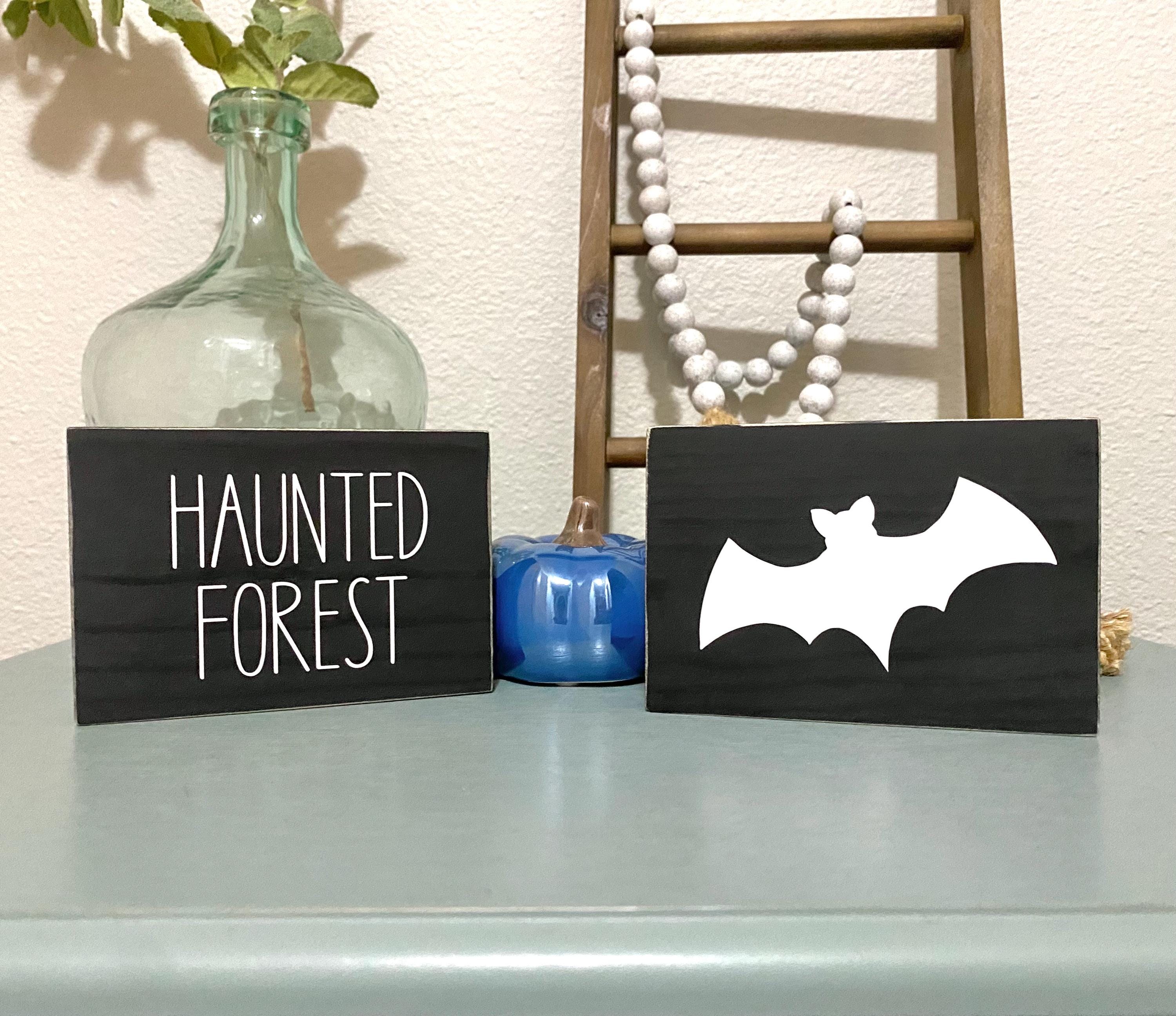 Haunted Forest Sign, Bat Wood Sign, Wood Halloween Decor, Mini ...