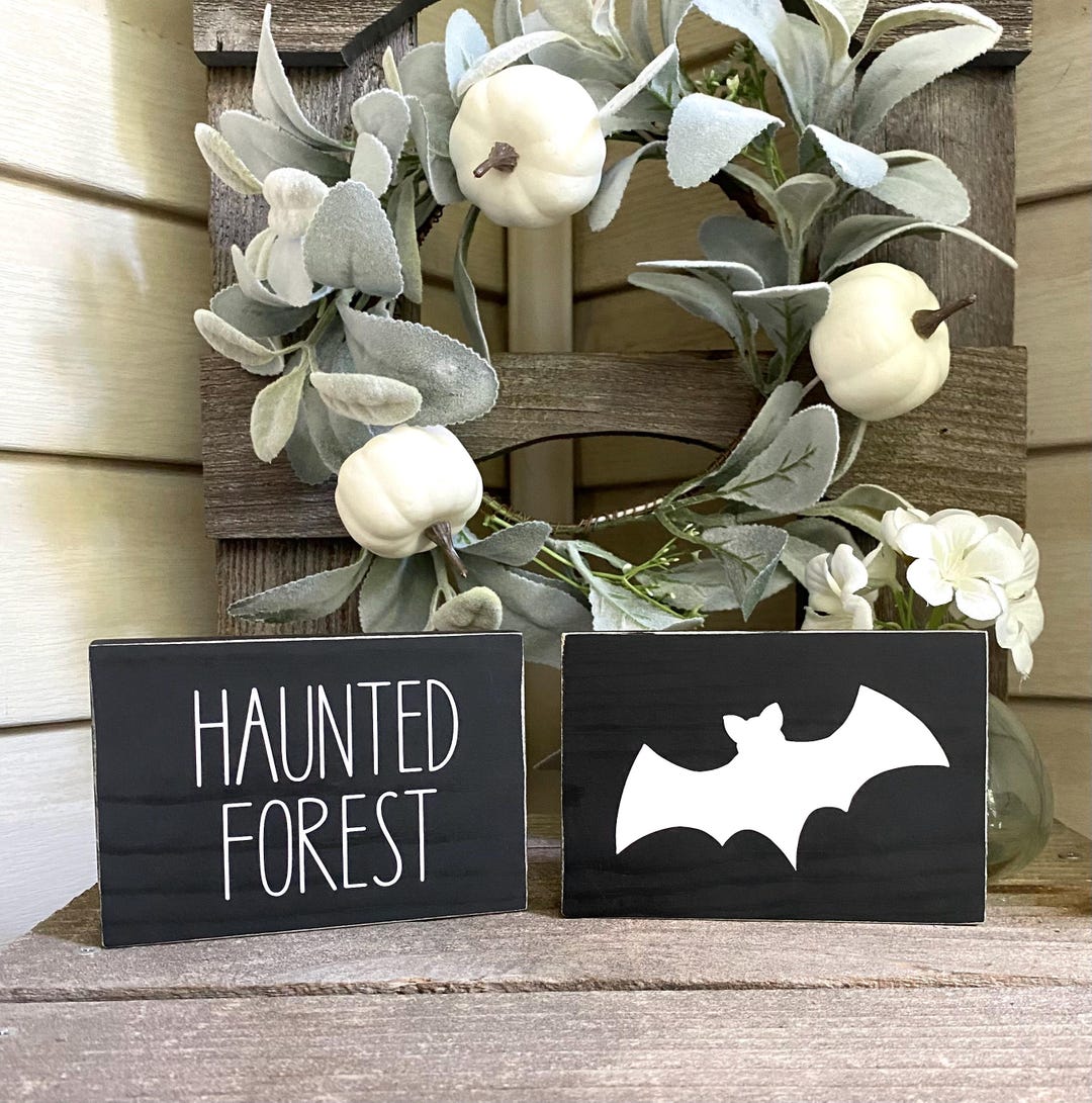 Haunted Forest Sign, Bat Wood Sign, Wood Halloween Decor, Mini ...