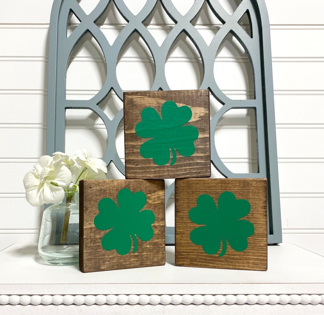 Set of 3 Shamrock Wooden Block Signs, St. Patrick’s Day Decor, Green ...