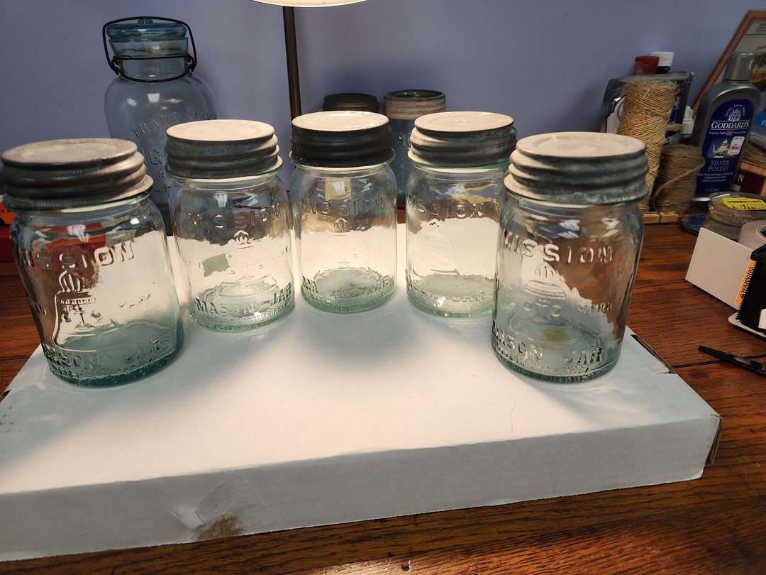 1920's Pint Aqua Glass MISSION California MASON Fruit Jar CA. Zinc Lid ...