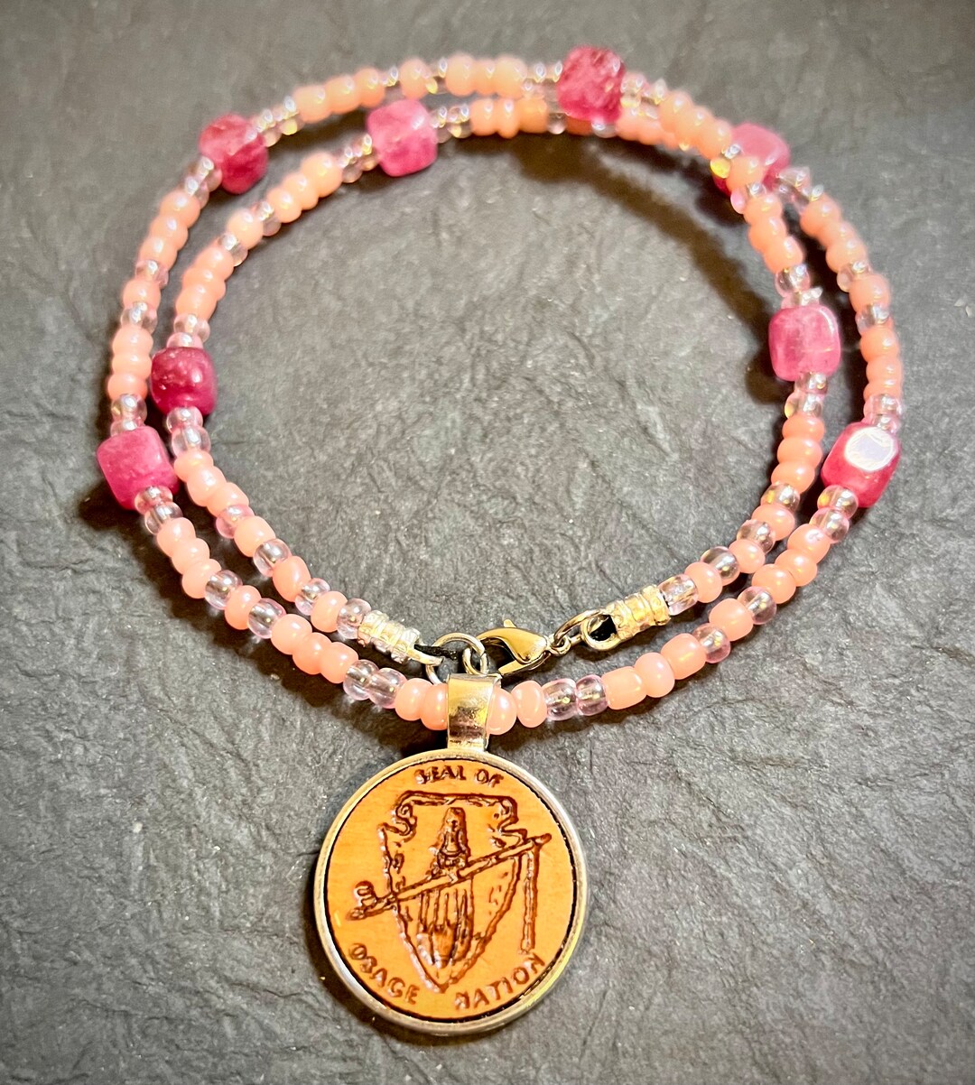 Osage Nation Inspired Glass Seed and Rose Quartz Beads. Wood Engraved ...