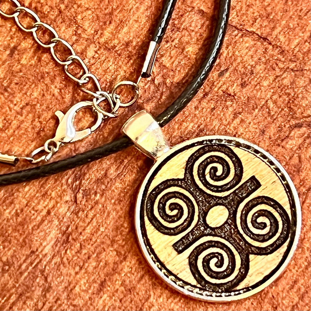 Cherokee Symbol for Strength Wood Engraved Metal Bezel Pendant Cord ...