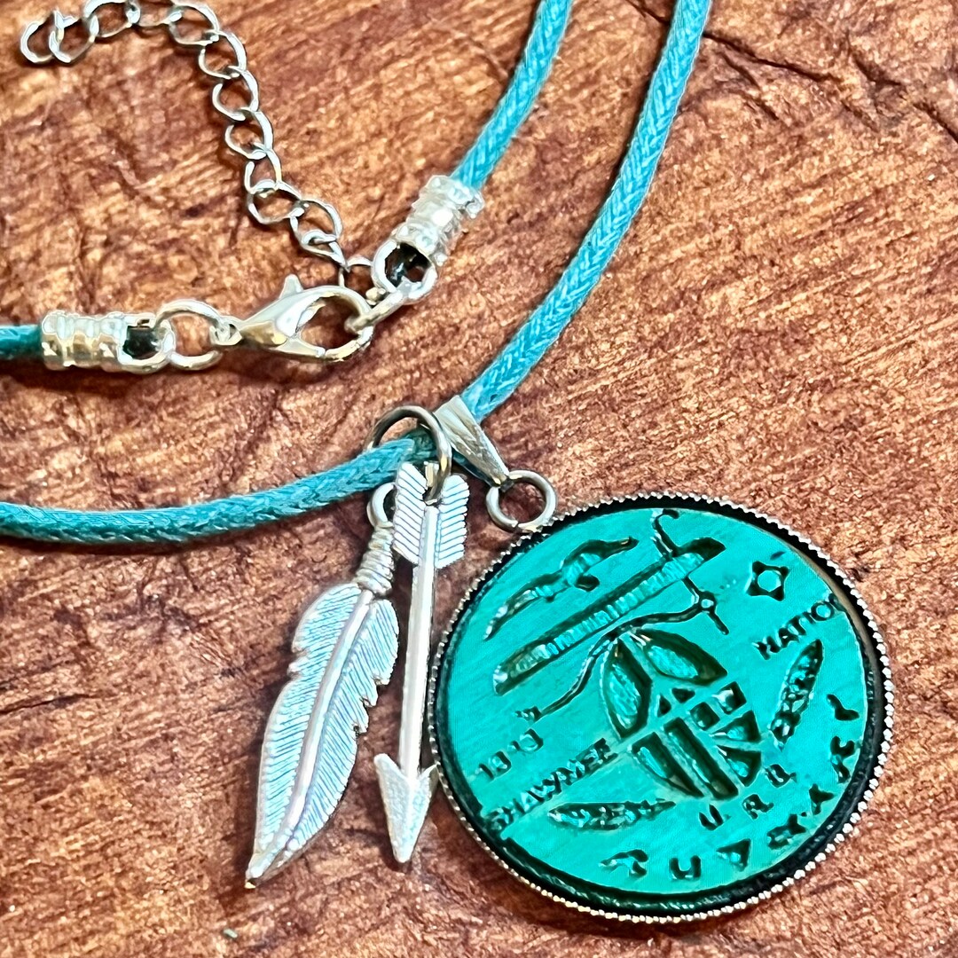 Shawnee Nation Wood Engraved Metal Bezel Pendant Turquoise Cord ...