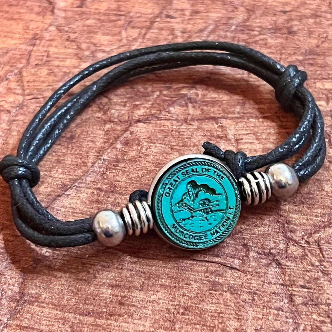 Muscogee Nation Seal Wood Engraved Metal Bezel Pendant Adjustable Black ...