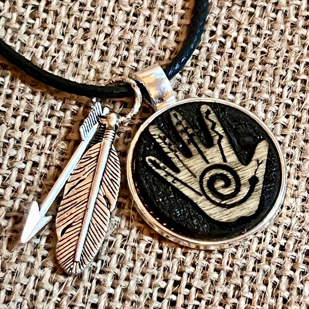 Native Medicine Hand Symbol Wood Engraved Metal Bezel Pendant ...