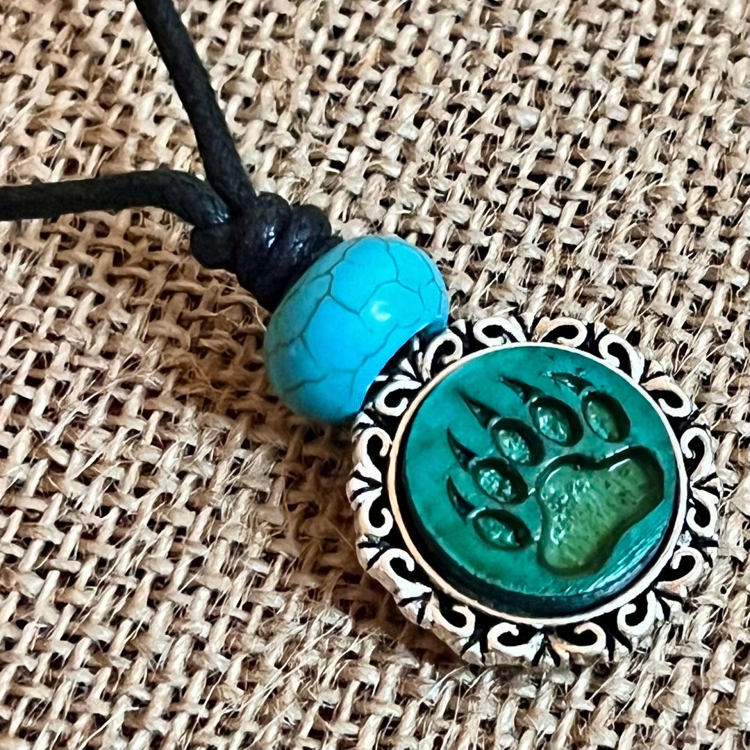 Native Bear Paw Symbol Engraved Wood Metal Bezel Pendant Charm ...