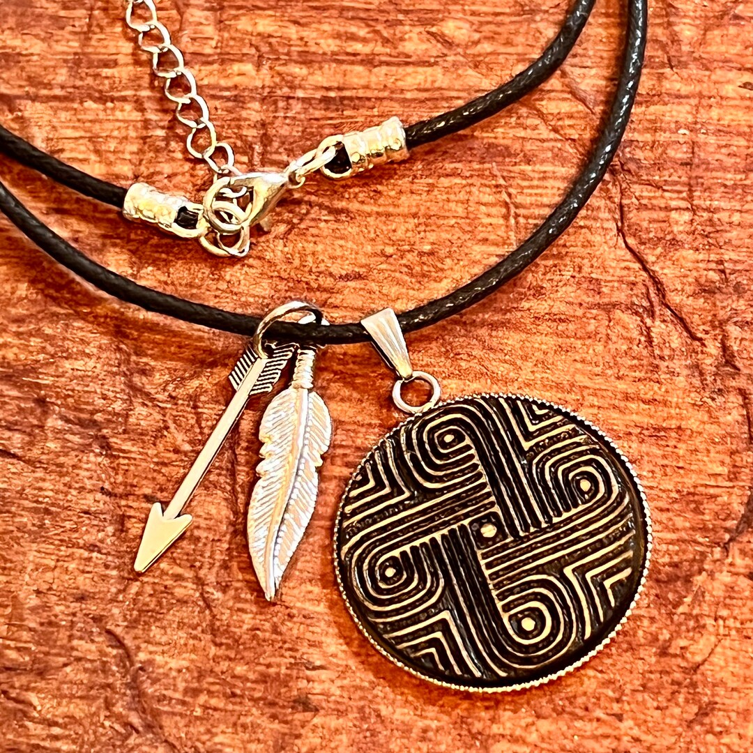 Native Four Directions Symbol Wood Engraved Metal Bezel Pendant Black ...