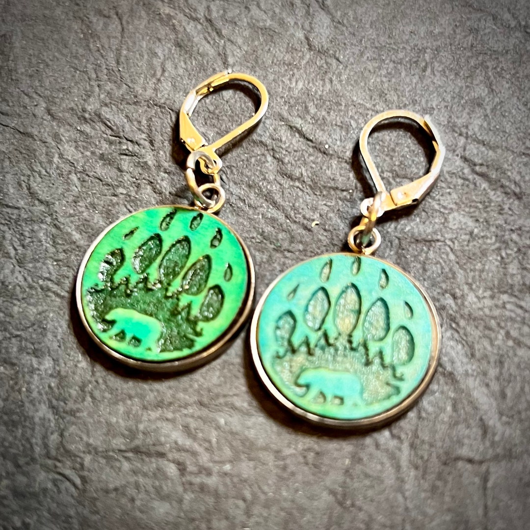 Wilderness Bear Paw Inspired Wood Engraved Metal Bezel Earring Set - Etsy