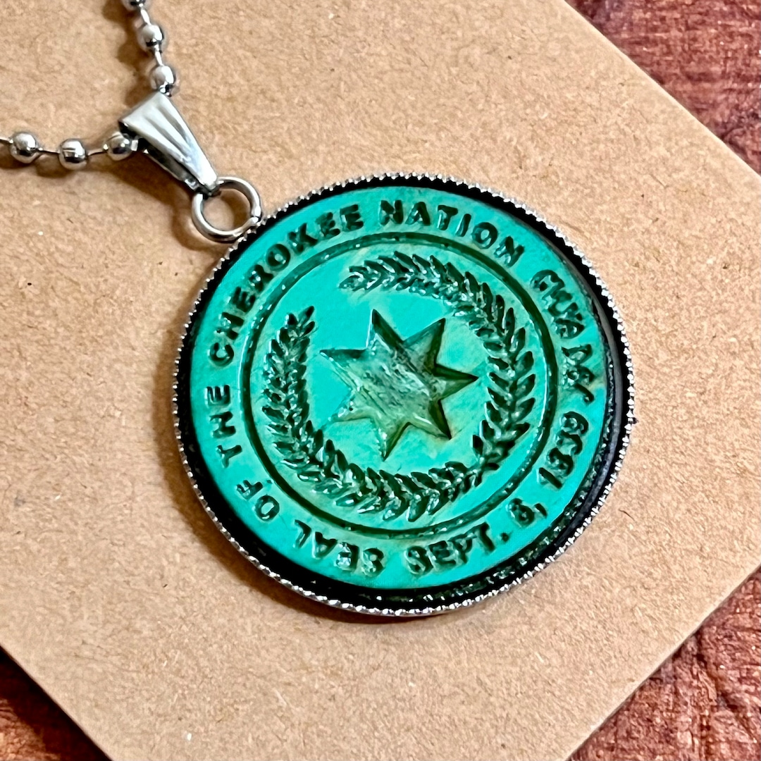 Cherokee Nation Wood Engraved Metal Bezel Pendant Ball Chain Necklace ...