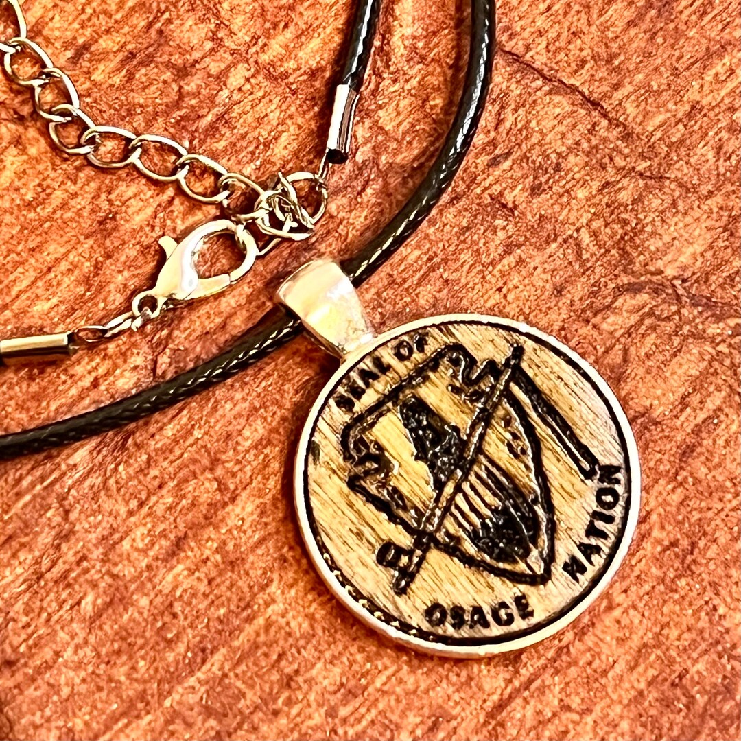 Osage Nation Wood Engraved Metal Bezel Pendant Cord Necklace With Clasp ...