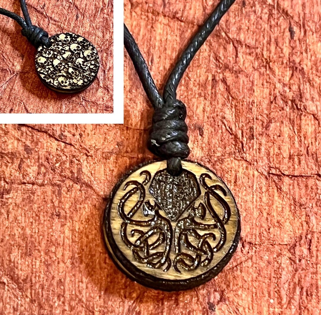 Call of the Cthulhu Wood Engraved Pendant 2 Sided Charm Black Cord ...