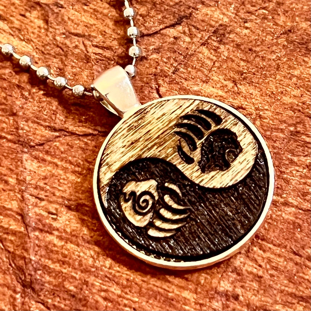 Native Bear Paw Ying Yang Symbol Wood Engraved Metal Bezel Pendant Ball ...
