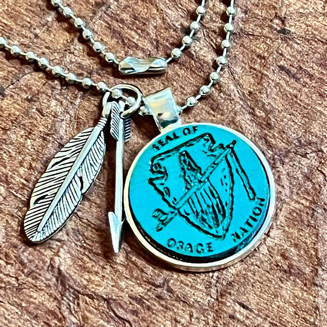 Osage Nation Wood Engraved Metal Bezel Pendant Ball Chain Necklace With ...