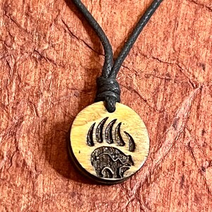 Native Bear Paw 2 Sided Wood Engraved Black Waxed Cord Necklace With ...