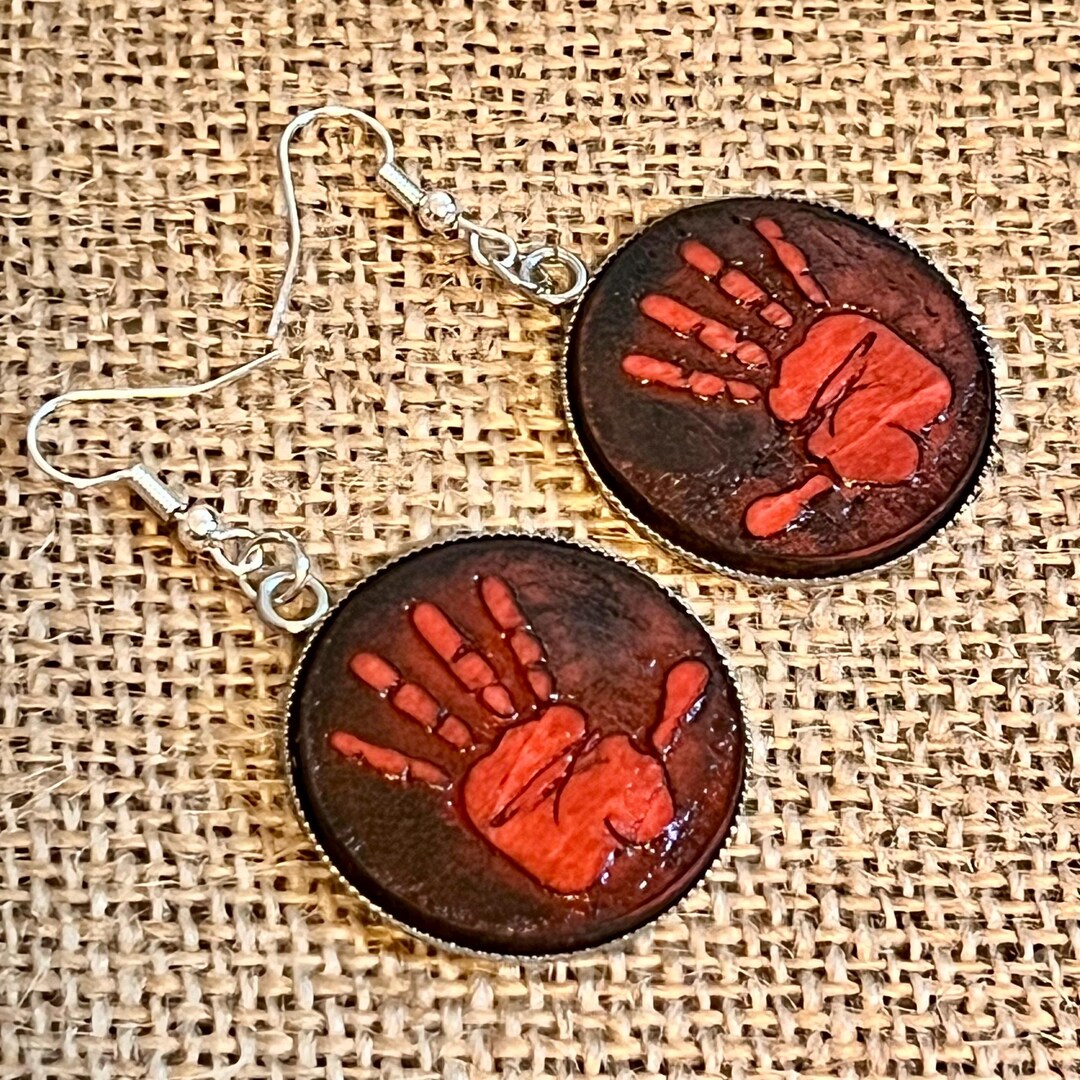 Native American Mmiw Red Hand Symbol Wood Engraved Metal Bezel Earring ...