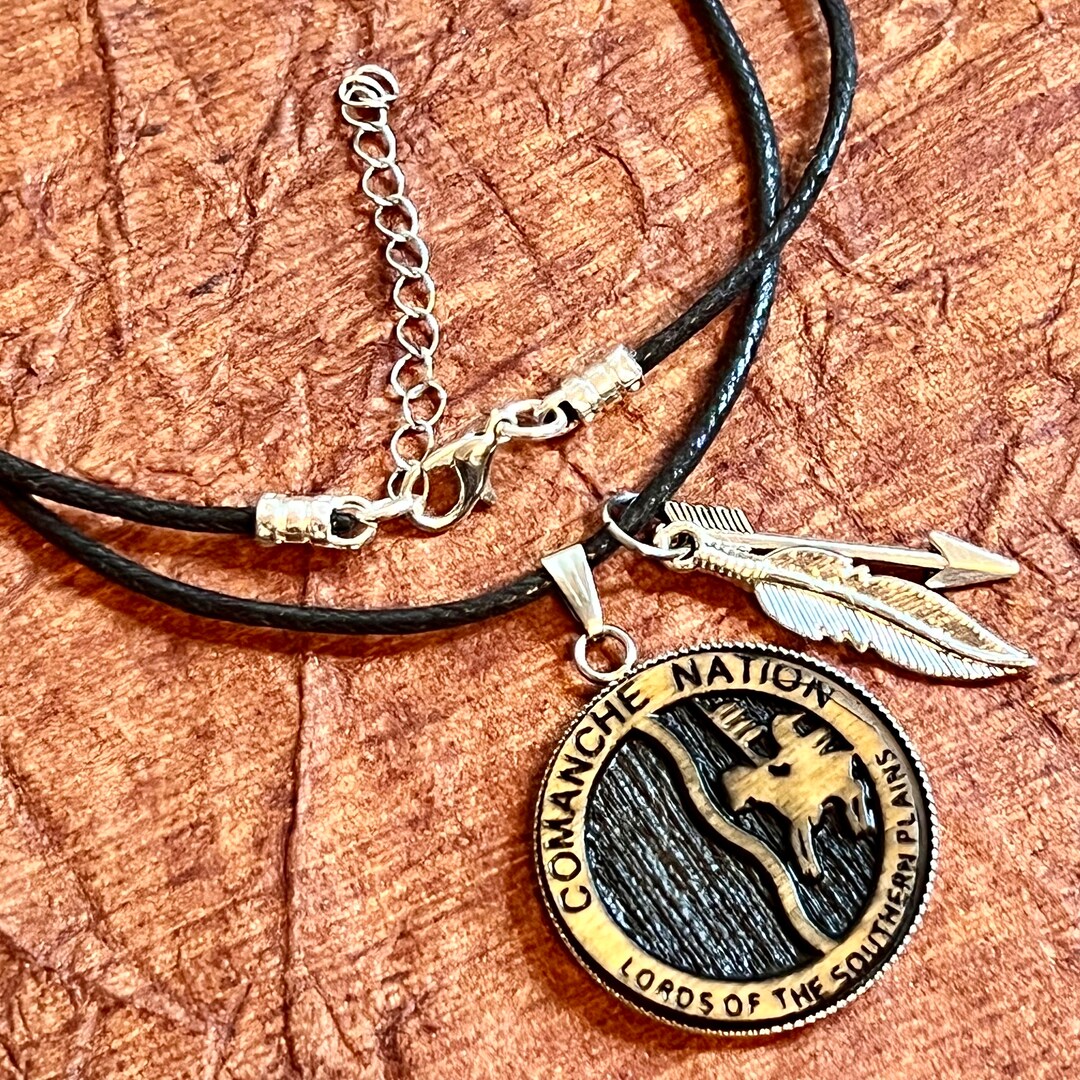 Comanche Nation Wood Engraved Metal Bezel Pendant Black Cord Necklace ...