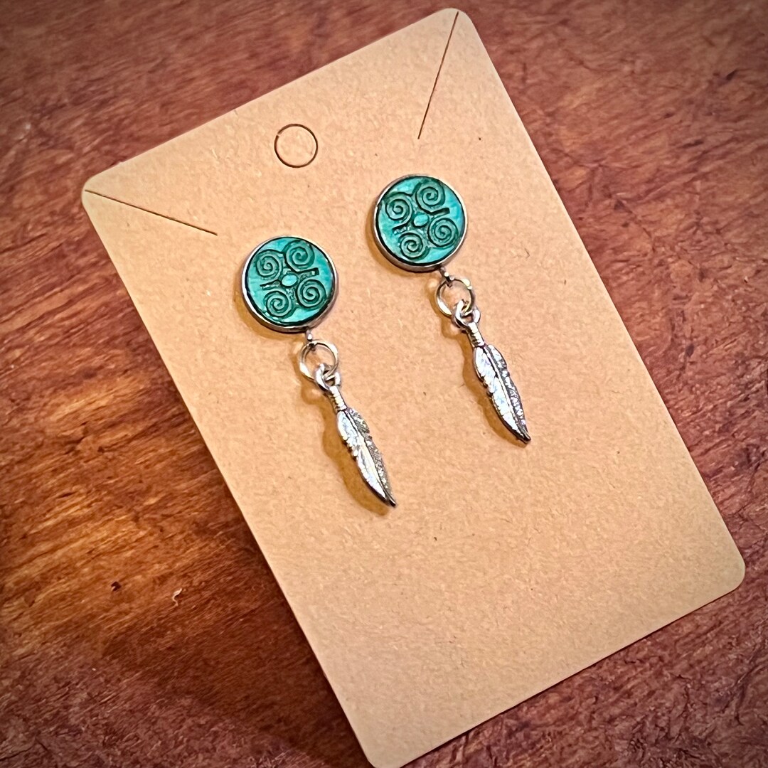 Cherokee Symbol for Strength Wood Engraved Metal Bezel and Feather ...