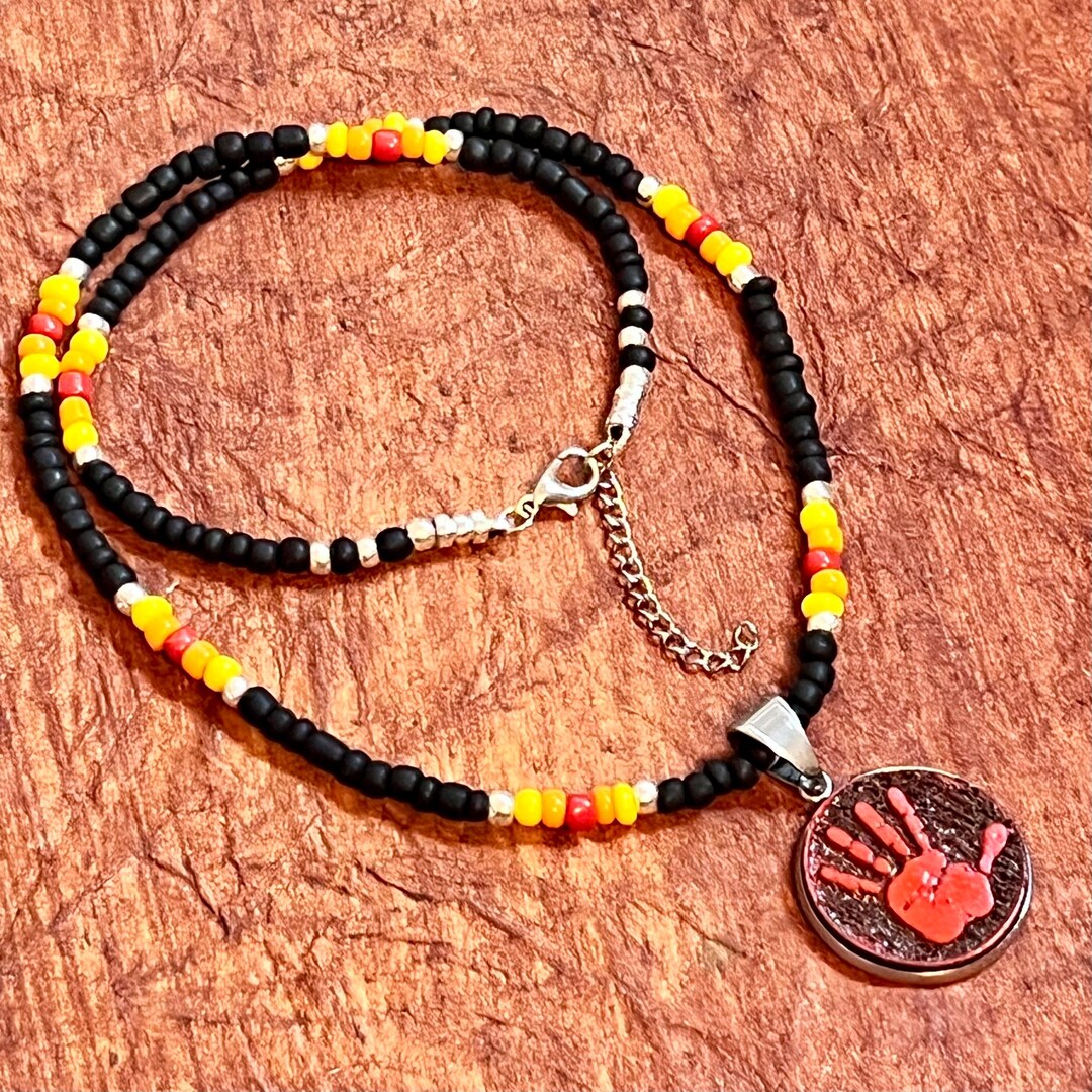 Indigenous Red Hand Mmiw Symbol Glass Seed Bead With Wood Engraved ...