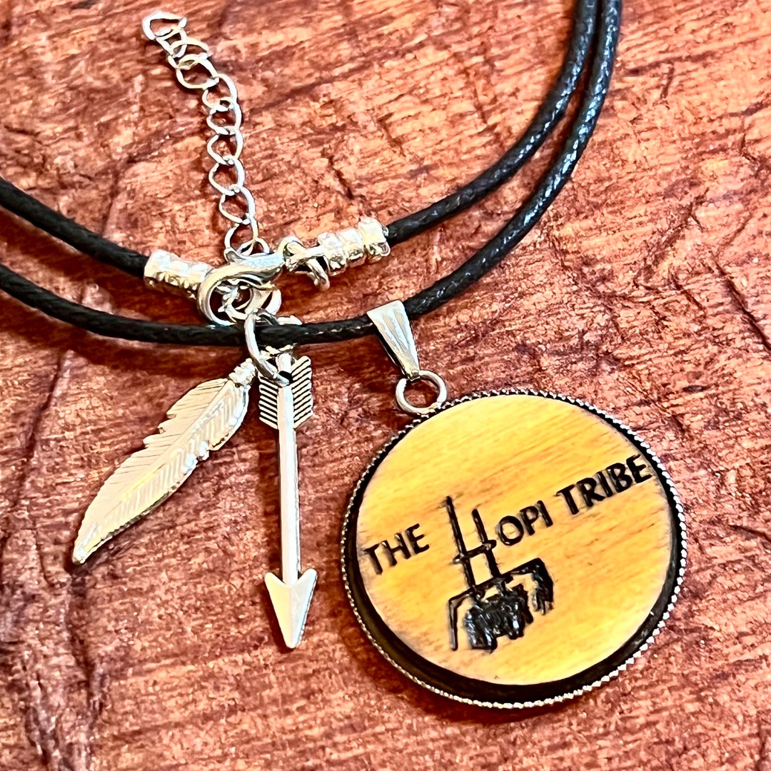 The Hopi Tribe Wood Engraved Metal Bezel Pendant Black Cord Necklace ...