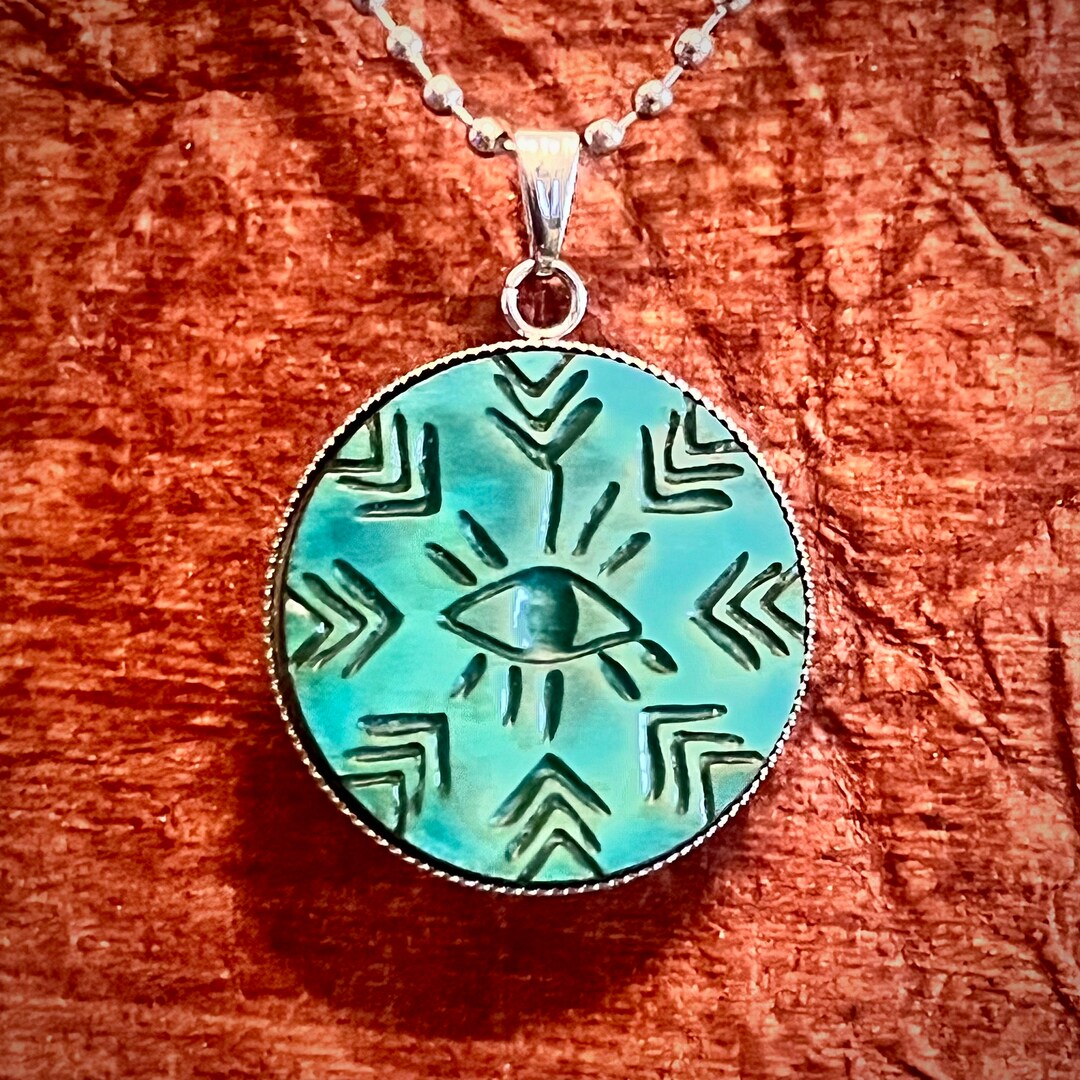 Native American Inspired Eye Symbol Wood Engraved Metal Bezel Pendant ...