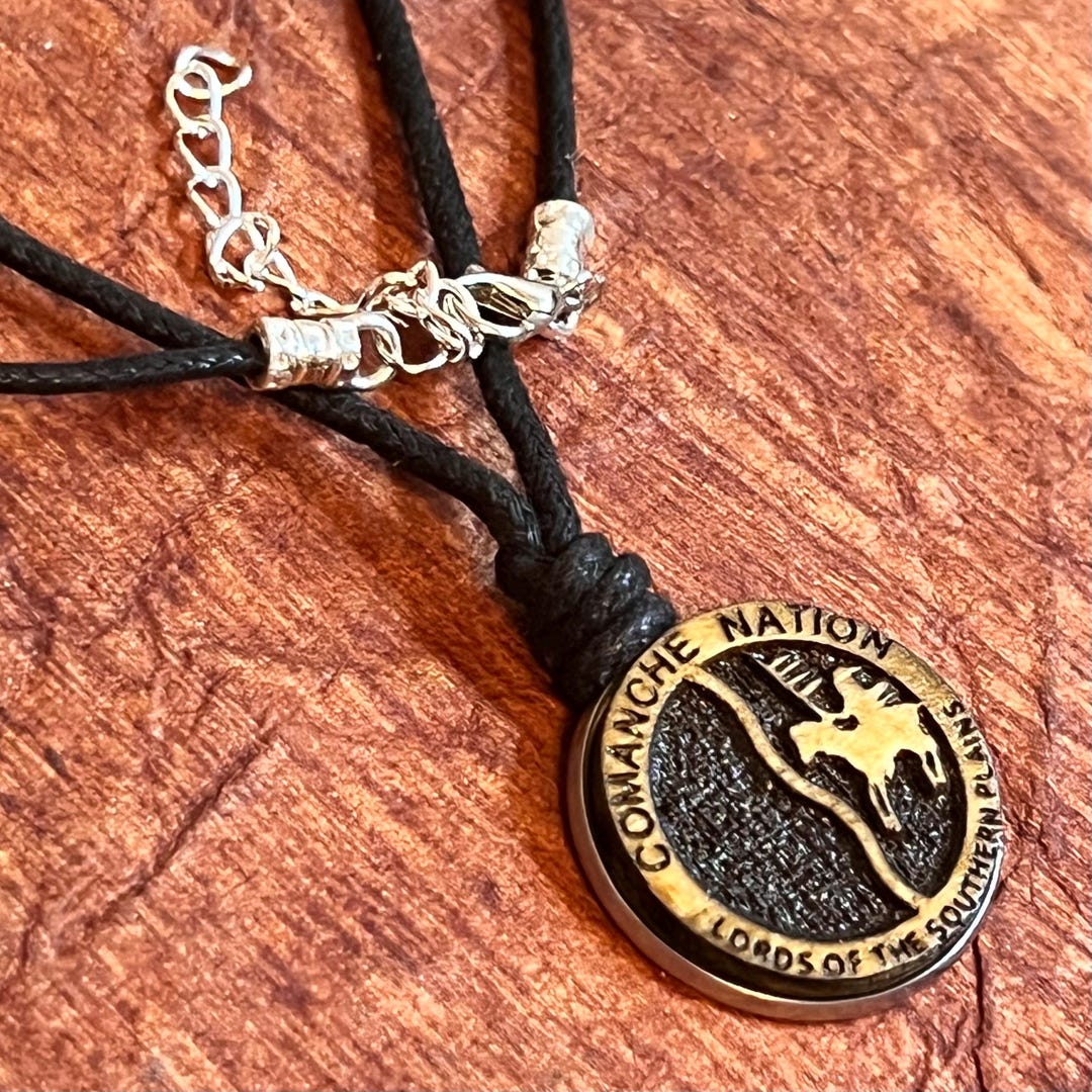 Comanche Nation Symbol Wood Engraved Metal Bezel Pendant Charm Black ...