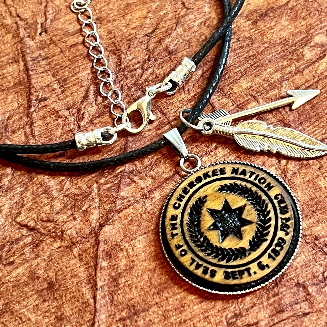 Cherokee Nation Wood Engraved Metal Bezel Pendant Black Cord Necklace ...