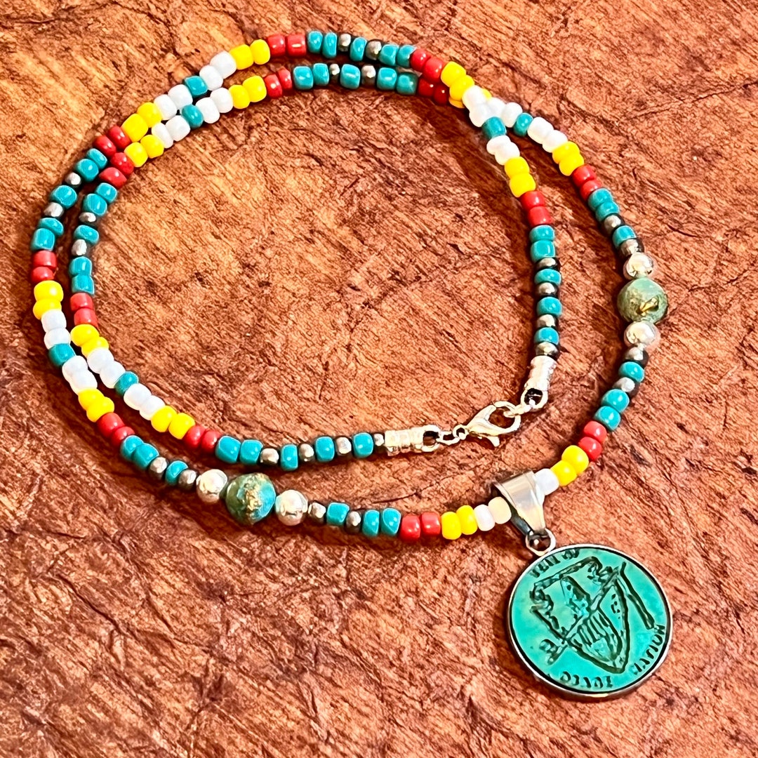 Osage Nation Glass Seed and Hematite Turquoise Beads Necklace Wood ...