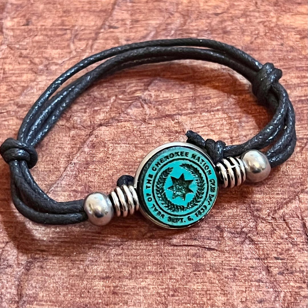 Cherokee Nation Seal Wood Engraved Metal Bezel Pendant Adjustable Black ...