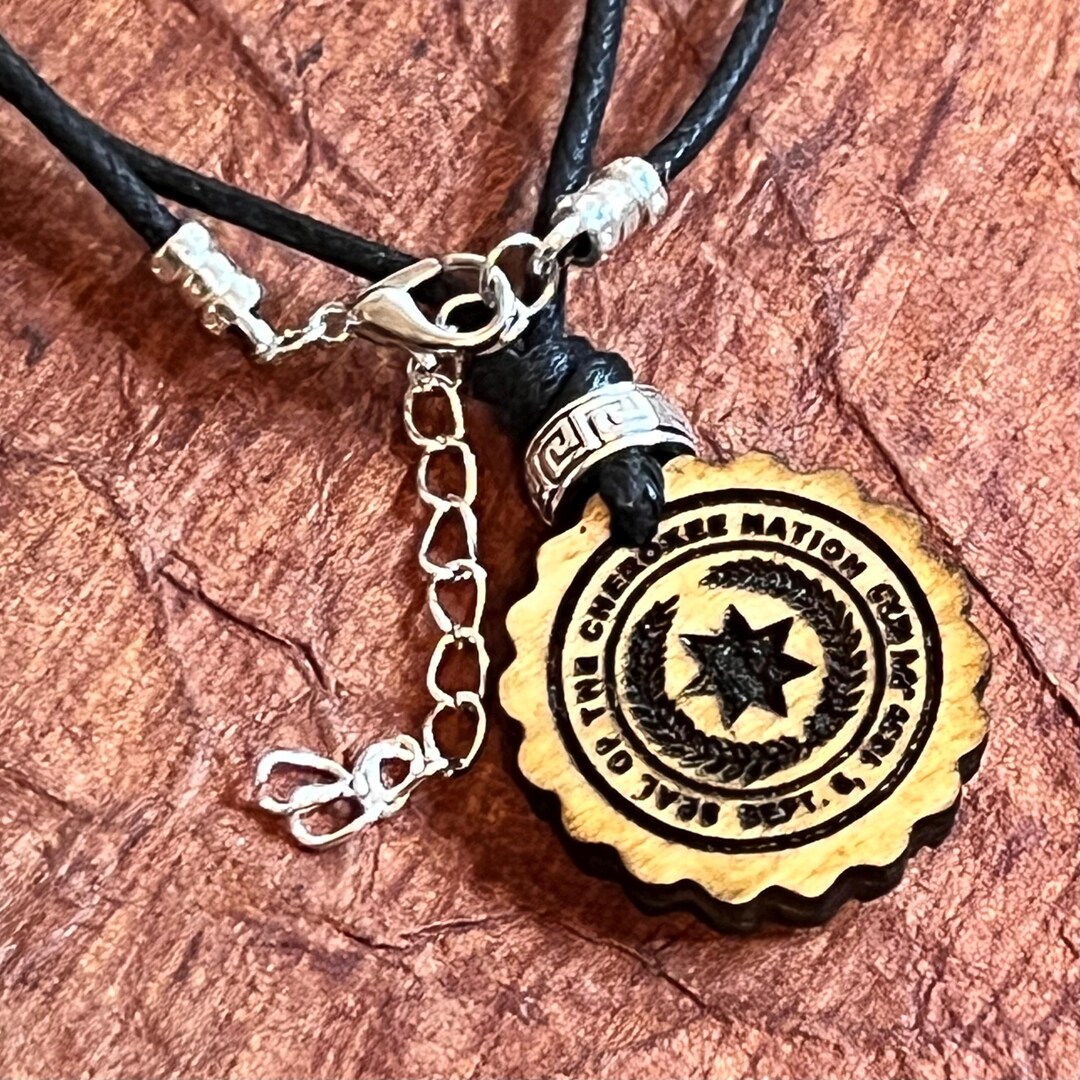 Cherokee Nation Symbol Wood 2 Sided Engraved Pendant Metal Bead Cord ...